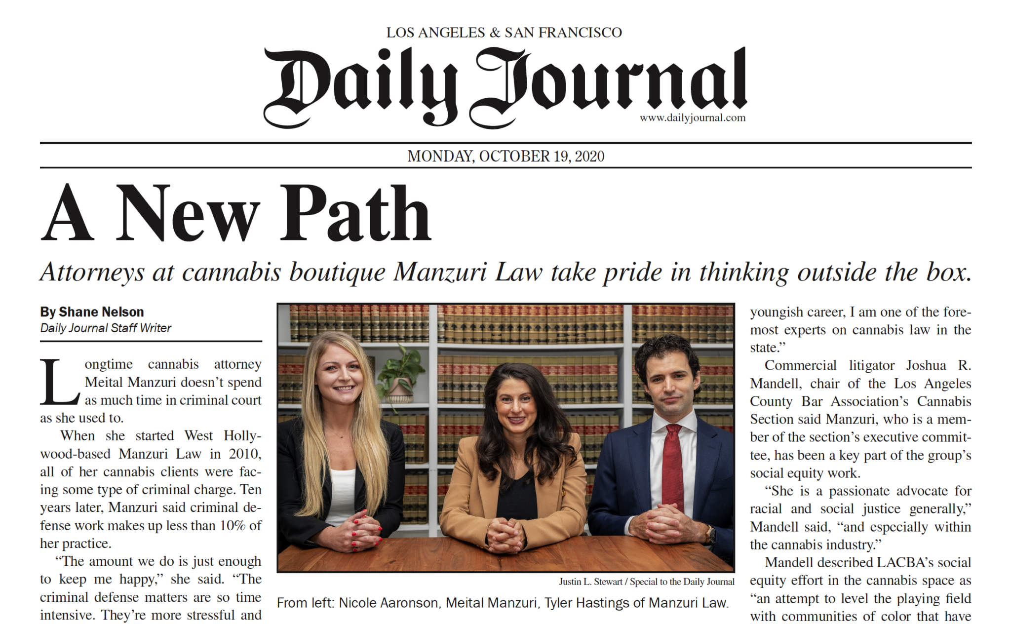 Manzuri Law Featured in Los Angeles & San Francisco Daily Journal
